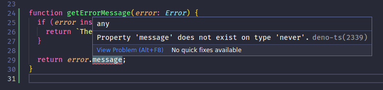 Deno.errors returns never if used with instanceof · Issue #10640 · denoland/deno · GitHub
