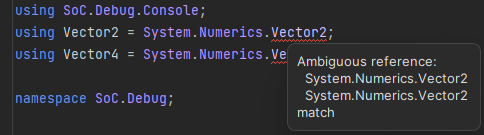 Yarn imports a different System.Numerics assembly which causes ambiguity with the default System ...