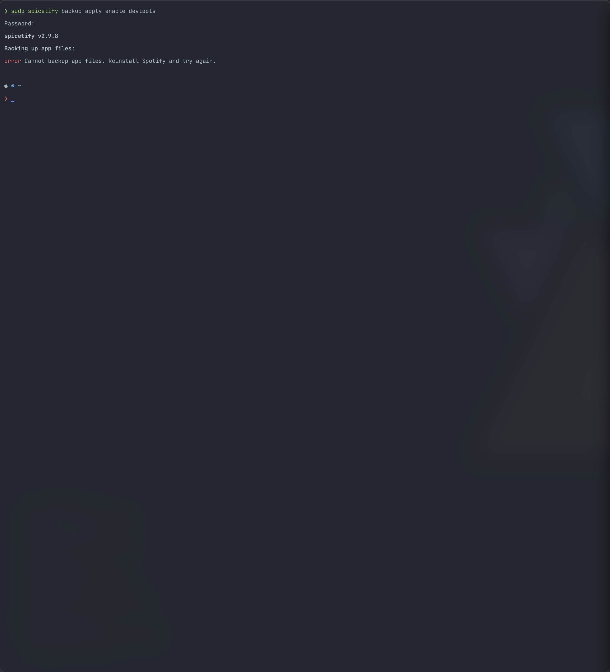 Spicetify `error Cannot backup app files. Reinstall Spotify and try again.` even with `sudo ...