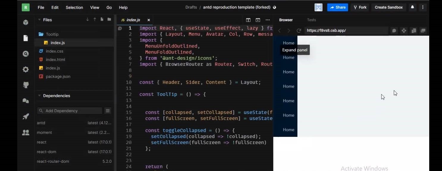 Tooltip still visible after click on MenuFoldOutlined/MenuUnfoldOutlined · Issue #29502 · ant ...