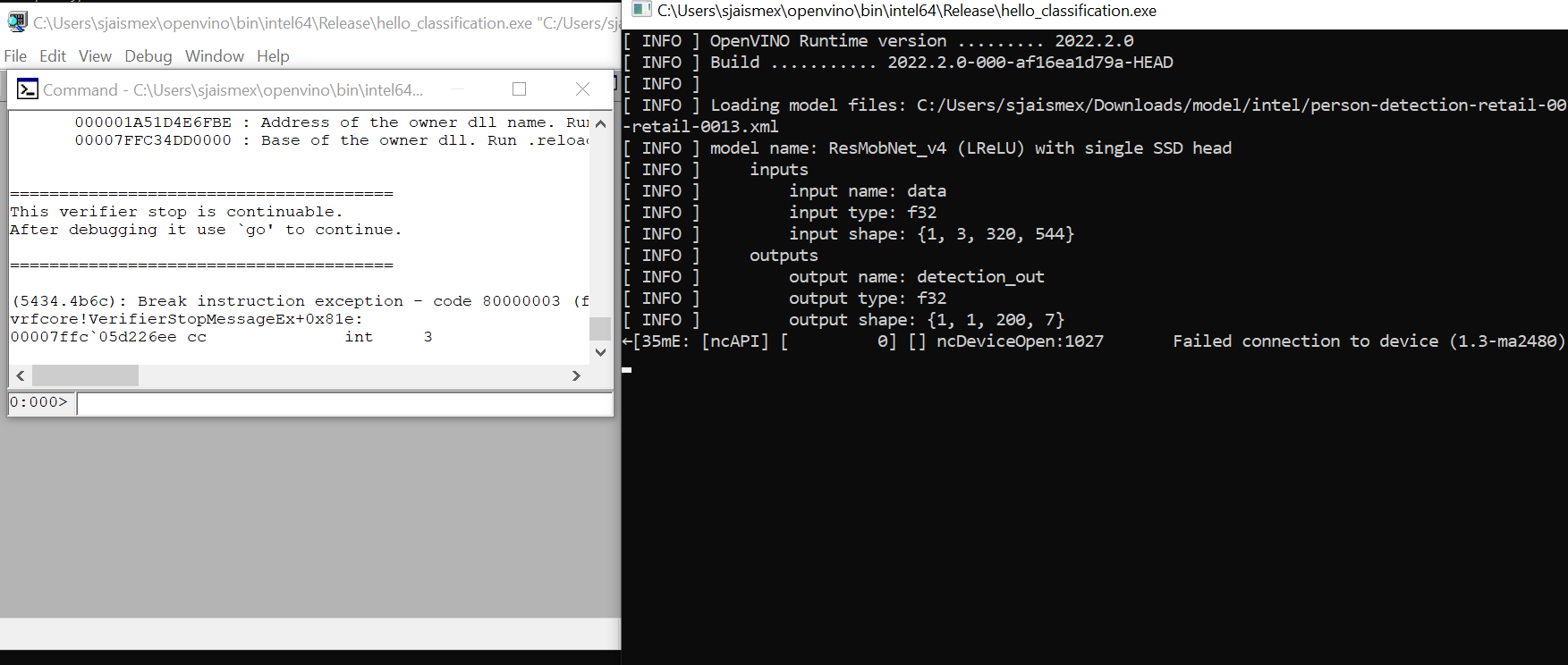 [Bug] Critical section not initialized. (Failed to allocate graph: MYRIAD device is not opened ...