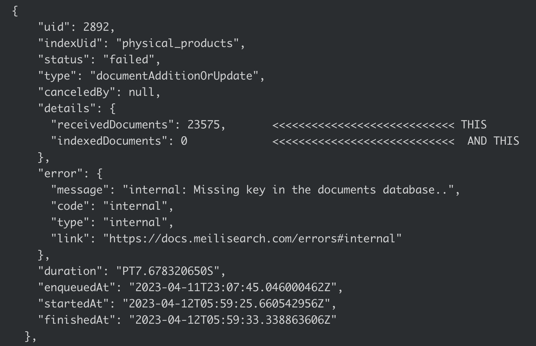 internal: Missing key in the documents database.. · Issue #3664 · meilisearch/meilisearch · GitHub