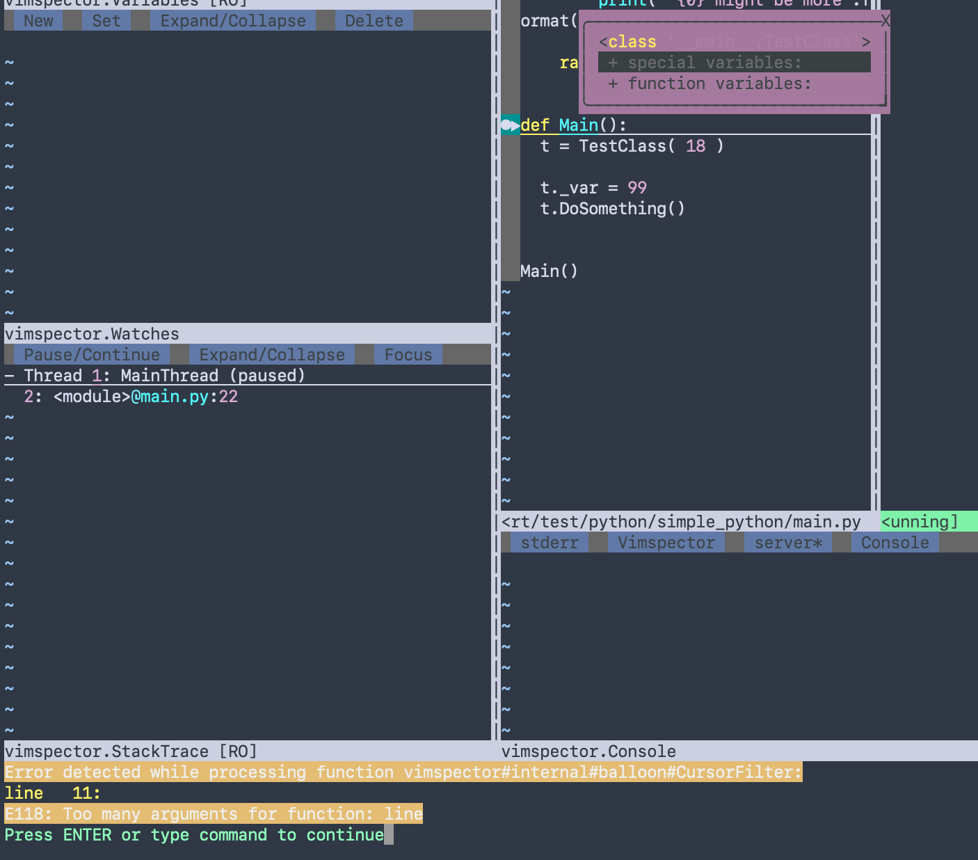 Balloon pop up Error while using mouse cursor · Issue #363 · puremourning/vimspector · GitHub