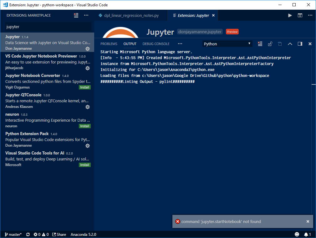 command 'jupyter.startNotebook' not found · Issue #45 · DonJayamanne/vscodeJupyter · GitHub