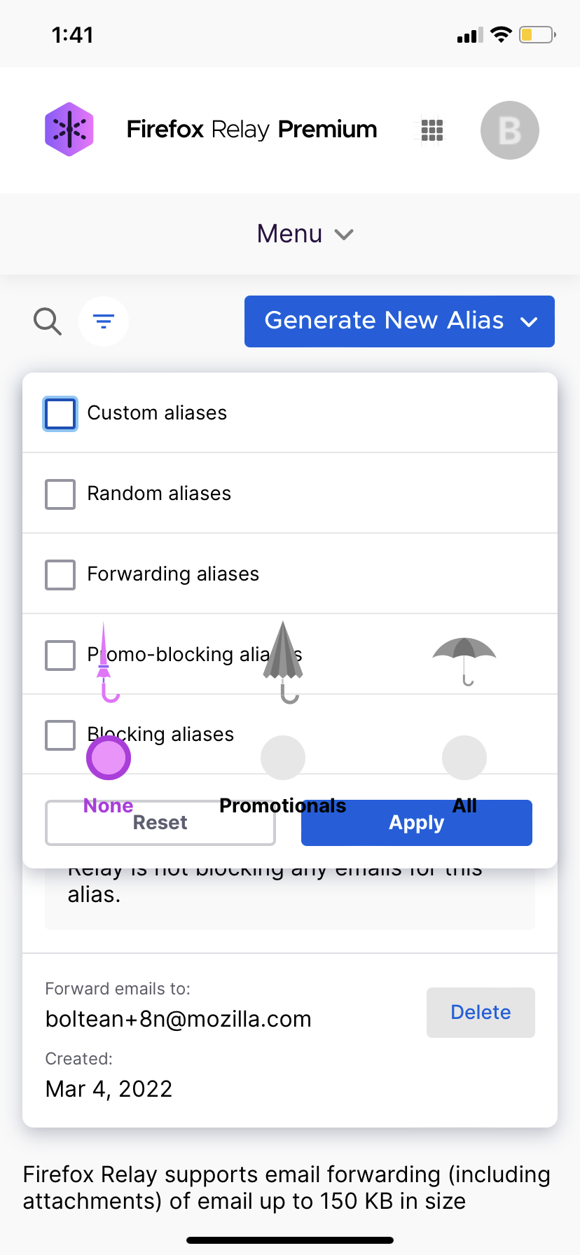 The new emails blocking section on alias card overlaps the aliases filter menu on mobile · Issue ...
