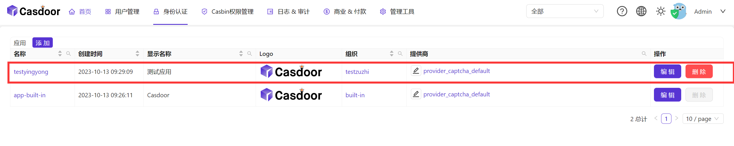 Use casdoor to create organizations, users, and applications, and use casbin to control access ...