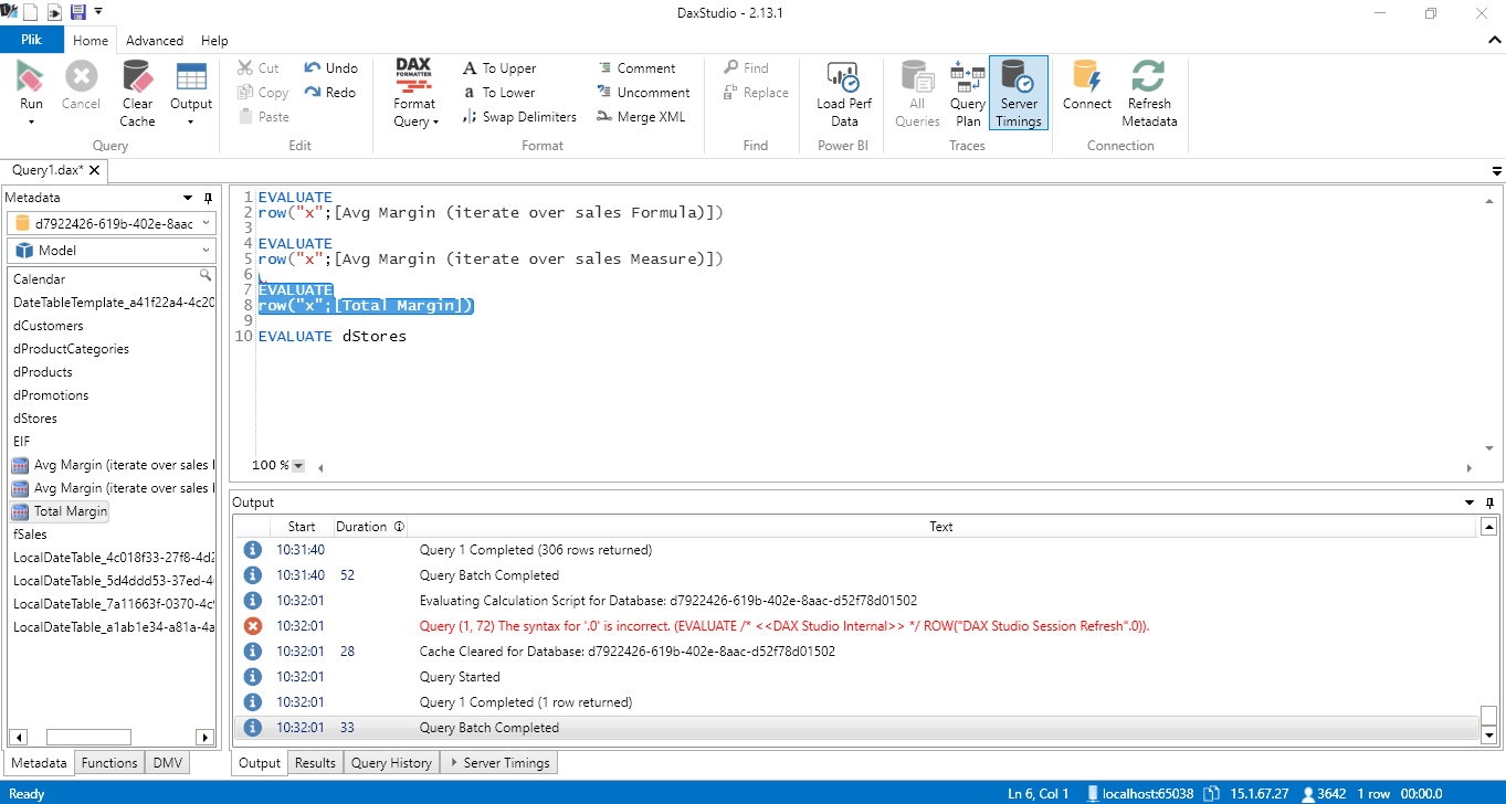 Clear cache issue: Query (1, 72) The syntax for '.0' is incorrect. (EVALUATE /* */ ROW("DAX ...