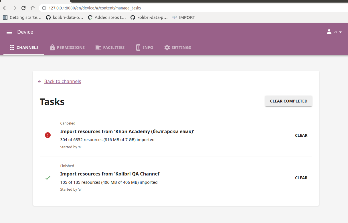 did not see progress importing a large channel, and then could not cancel it (maybe devserver ...