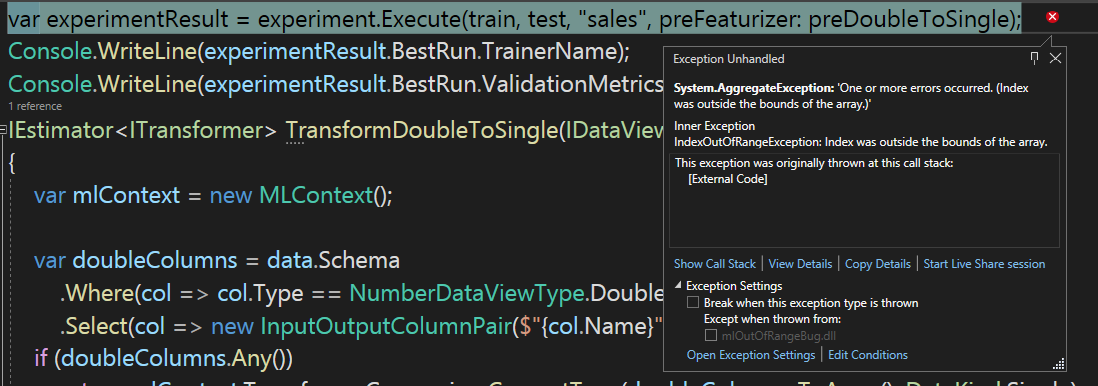 AutoML Regression Experiment Crash · Issue #6644 · dotnet/machinelearning · GitHub