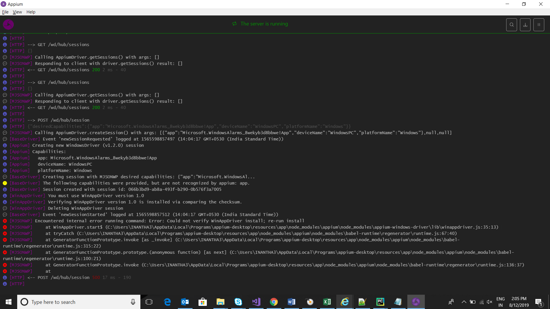 Exception In Appium Console With Win App Driver 111 · Issue 800 · Microsoftwinappdriver · Github