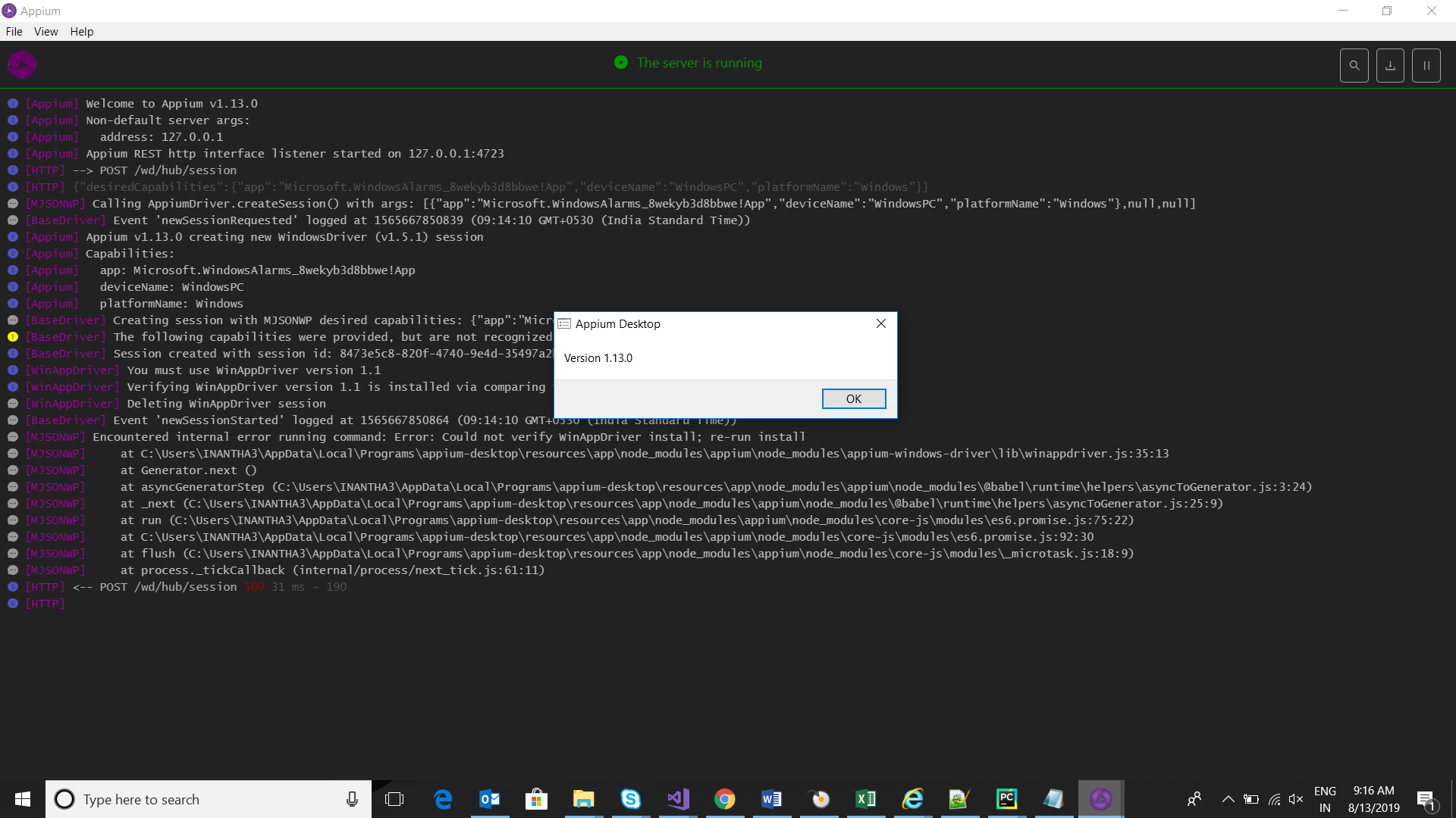 Exception In Appium Console With Win App Driver 111 · Issue 800 · Microsoftwinappdriver · Github