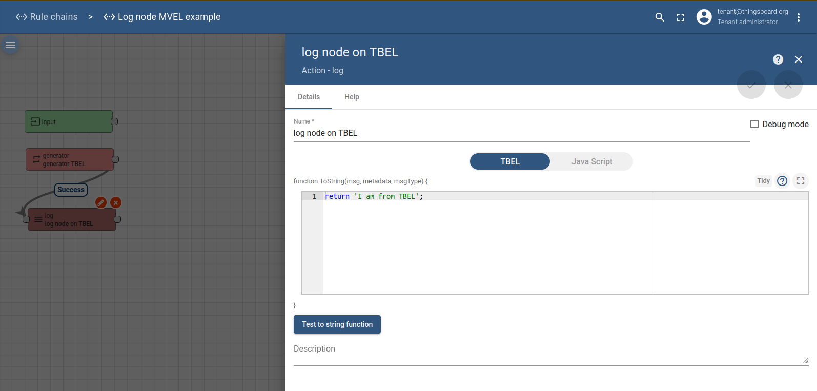 [Bug] Log rule node with TBEL returns standard output ignoring the TBEL script (because standard ...