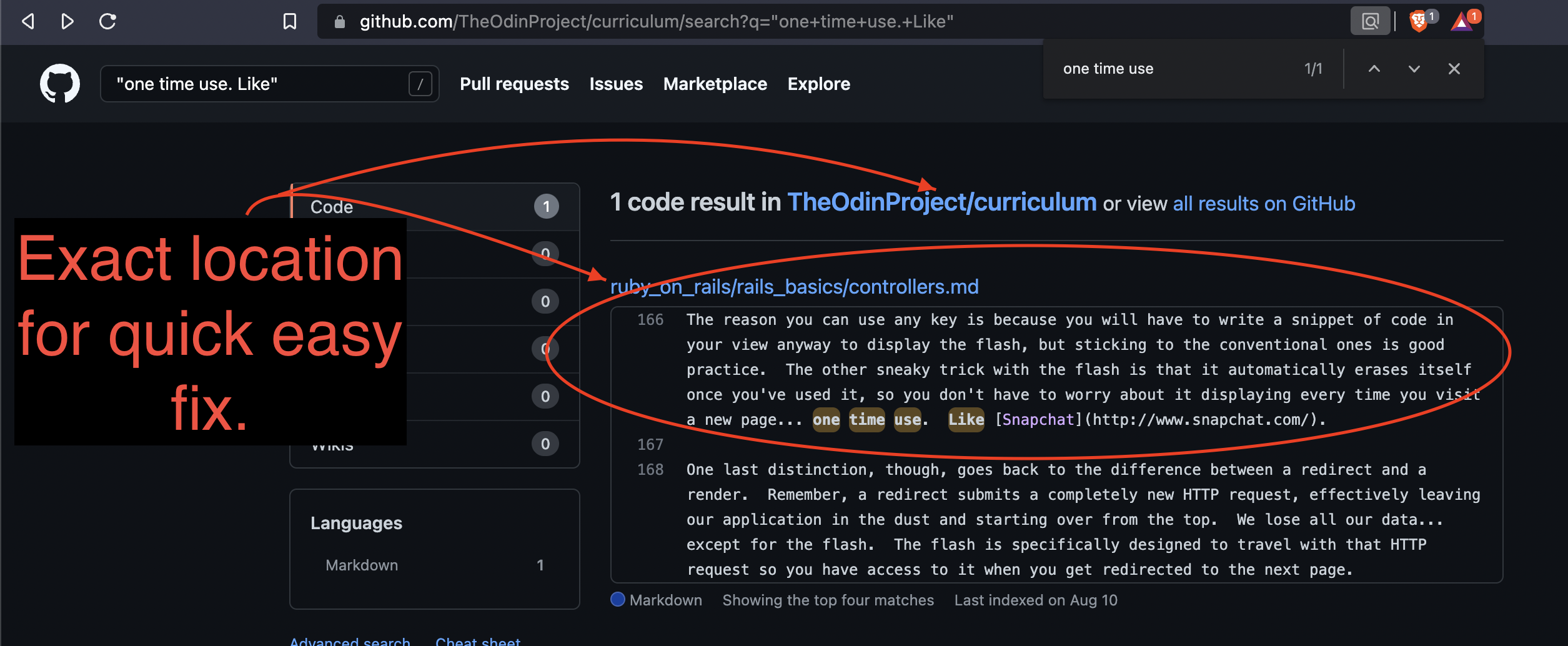 Bug - Rails Basics - Controller:ln 166: Remove link to SnapChat - Help users avoid Wormhole ...