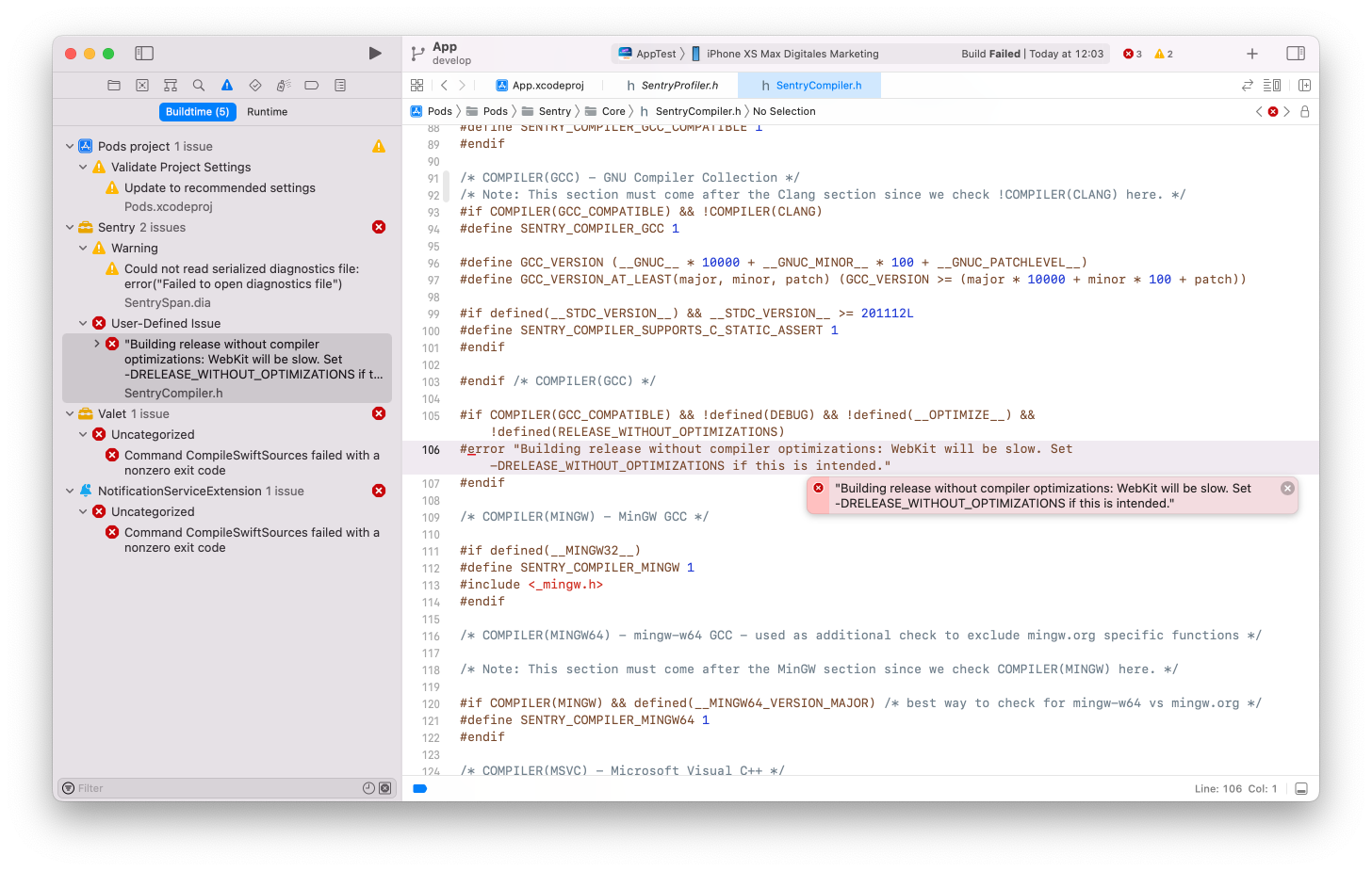 SentryCompiler.h fails with: "Building release without compiler optimizations: WebKit will be ...