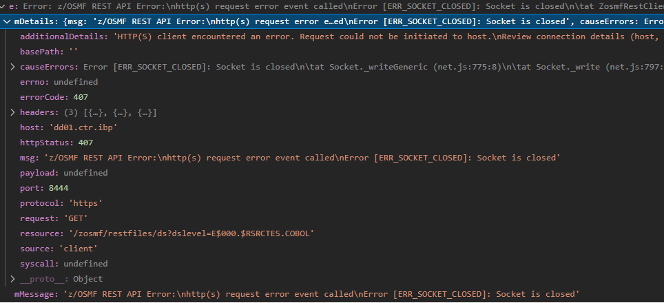 Error Socket Closed with errorCode 407 · Issue #733 · zowe/imperative · GitHub