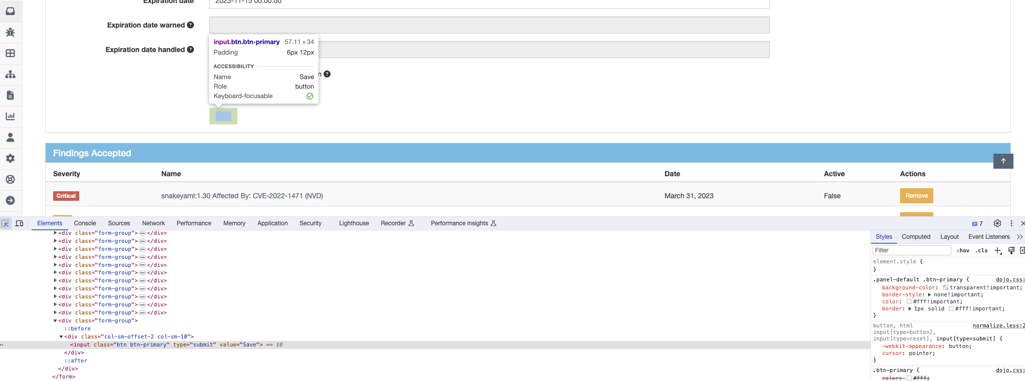 The Save Button On The Edit Risk Acceptance Field Is Invisible · Issue 8801 · Defectdojo