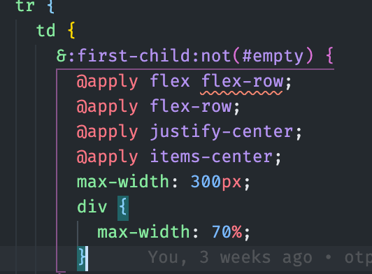 Tailwind @apply notation with multiple classes inline gives semi-colon-expected scss(css ...