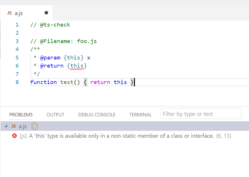 jsdoc can't parse type `this` in javascript files · Issue #16831 · microsoft/TypeScript · GitHub