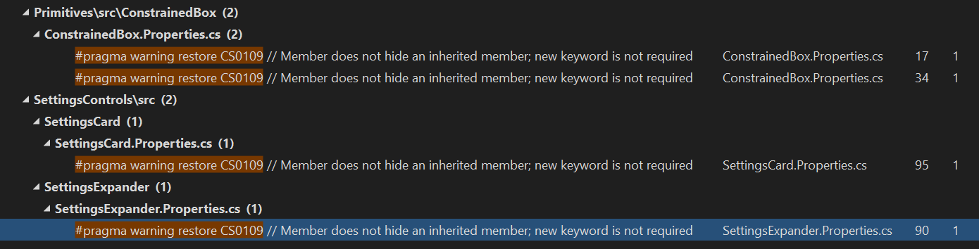 Clean up suppression of CS0109 - The member 'member' does not hide an inherited member. The new ...