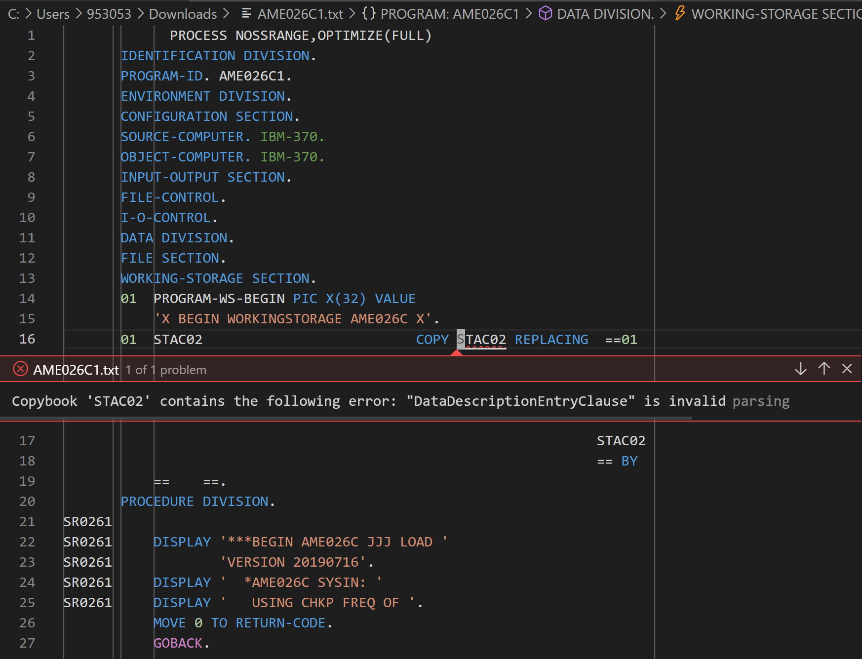COBOL - COPY REPLACING Invalid Parsing Error Message · Issue #181 · IBM/zopeneditor-about · GitHub