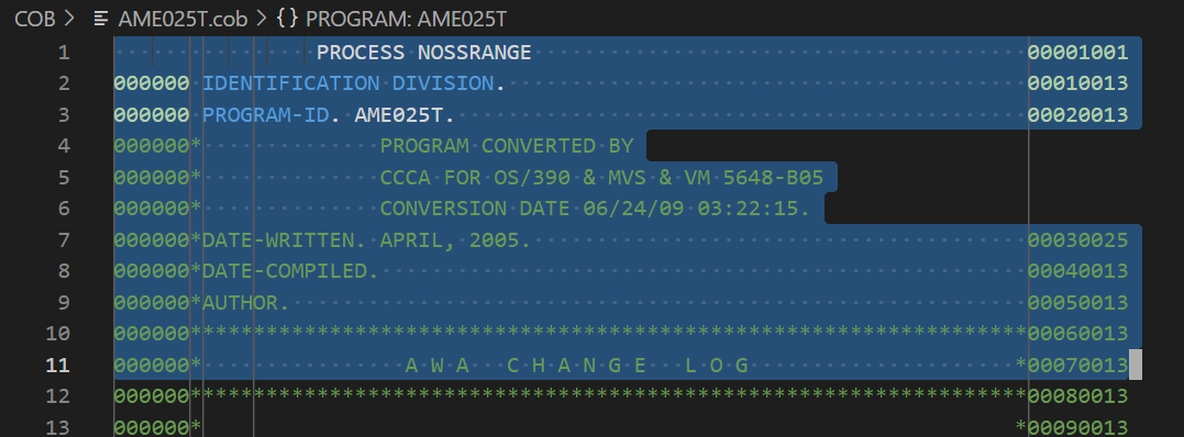 COBOL Unumbering sequence numbers Changes GIT Source Control Color Bar Indicators to Blue ...