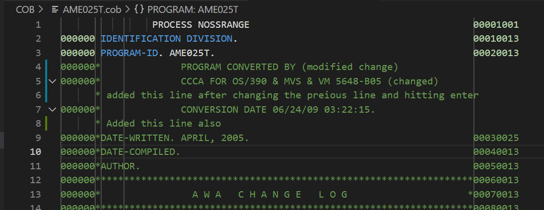 COBOL Unumbering sequence numbers Changes GIT Source Control Color Bar Indicators to Blue ...