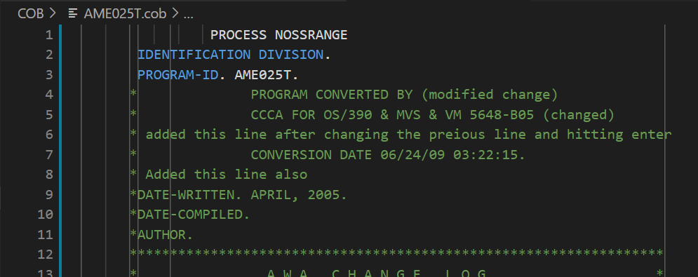 COBOL Unumbering sequence numbers Changes GIT Source Control Color Bar Indicators to Blue ...