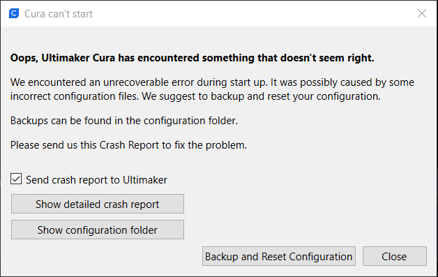 Cura Crashes Upon Startup · Issue 14623 · Ultimaker Cura · Github