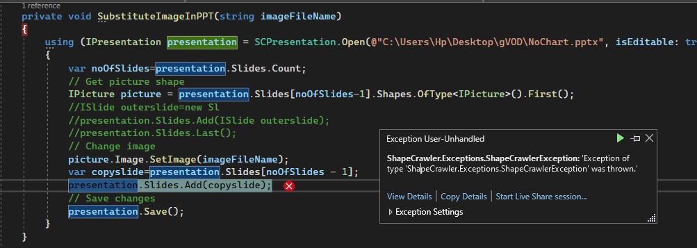 Exception being raised while trying to add a slide into the same presentation by copying the ...