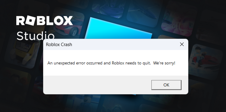 Roblox Studio (Version 0.571.0.5710526) crashes with the error "An ...