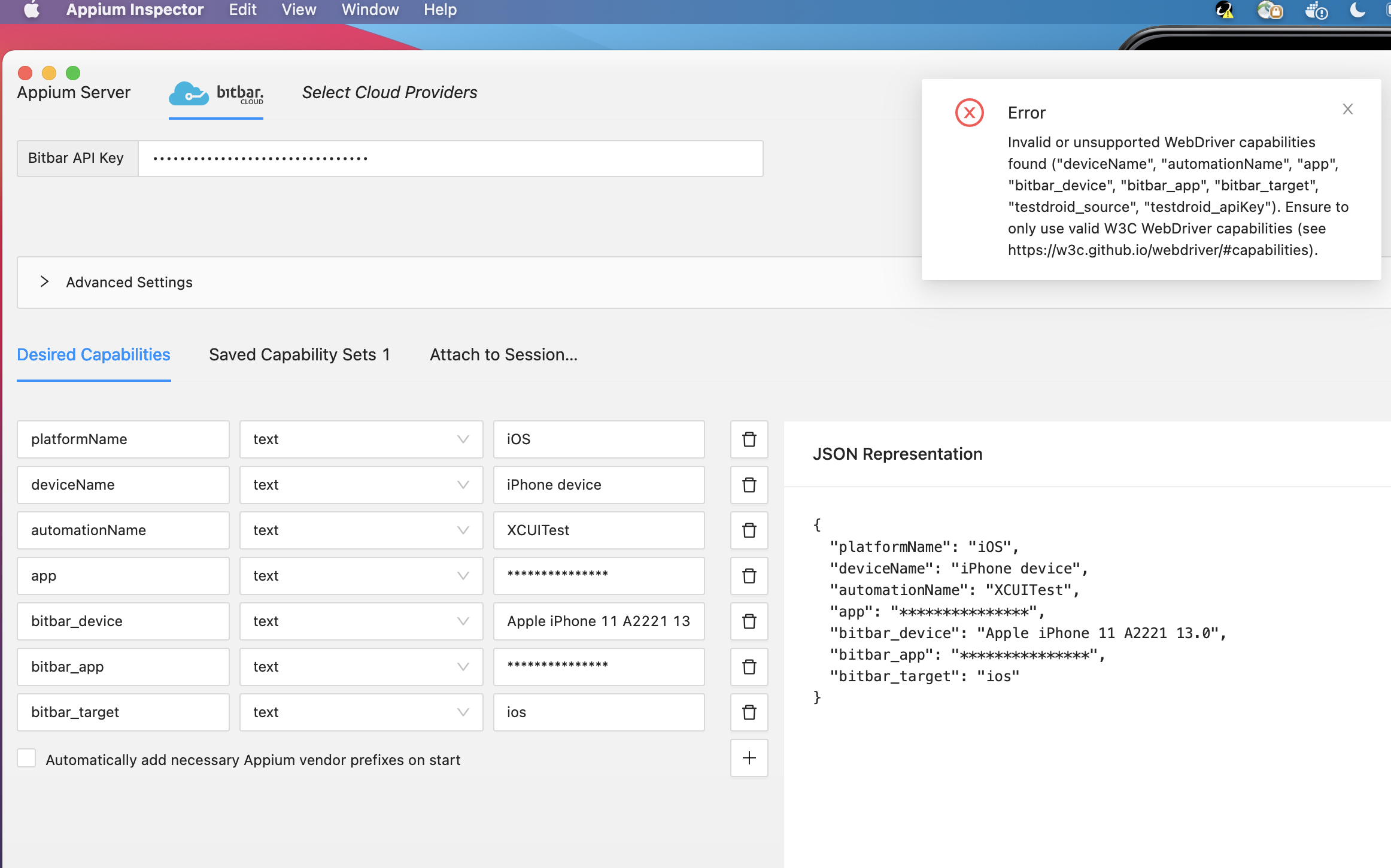 platformName capability needs to be passed error even though it is being passed connecting to ...