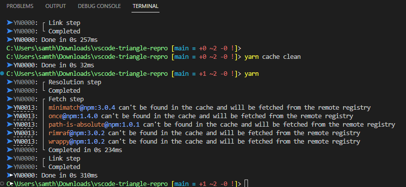 Weird visual artifact (triangle/caret) rendered in terminal after yarn ...