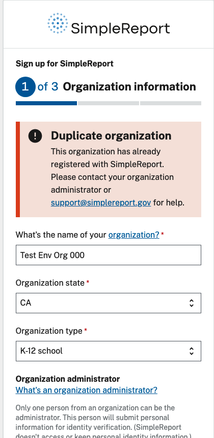 Update error message for duplicate orgs · Issue #2549 · CDCgov/prime-simplereport · GitHub