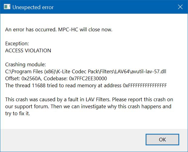 crash due to unexpected error (LAV filter) · Issue #1468 · clsid2/mpc-hc · GitHub