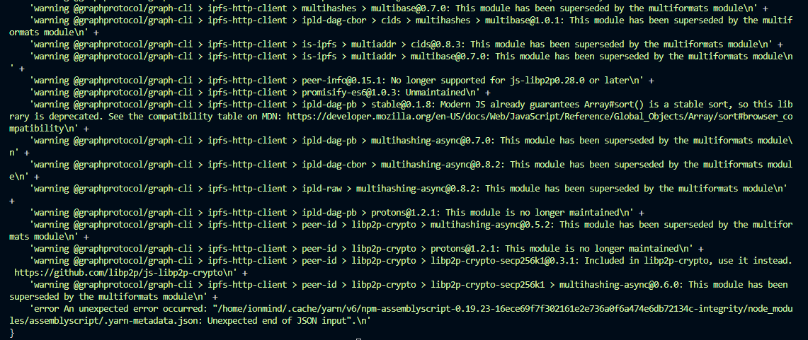 (yarn) Dependencies fail to install using commands from The Graph Studio section · Issue #997 ...
