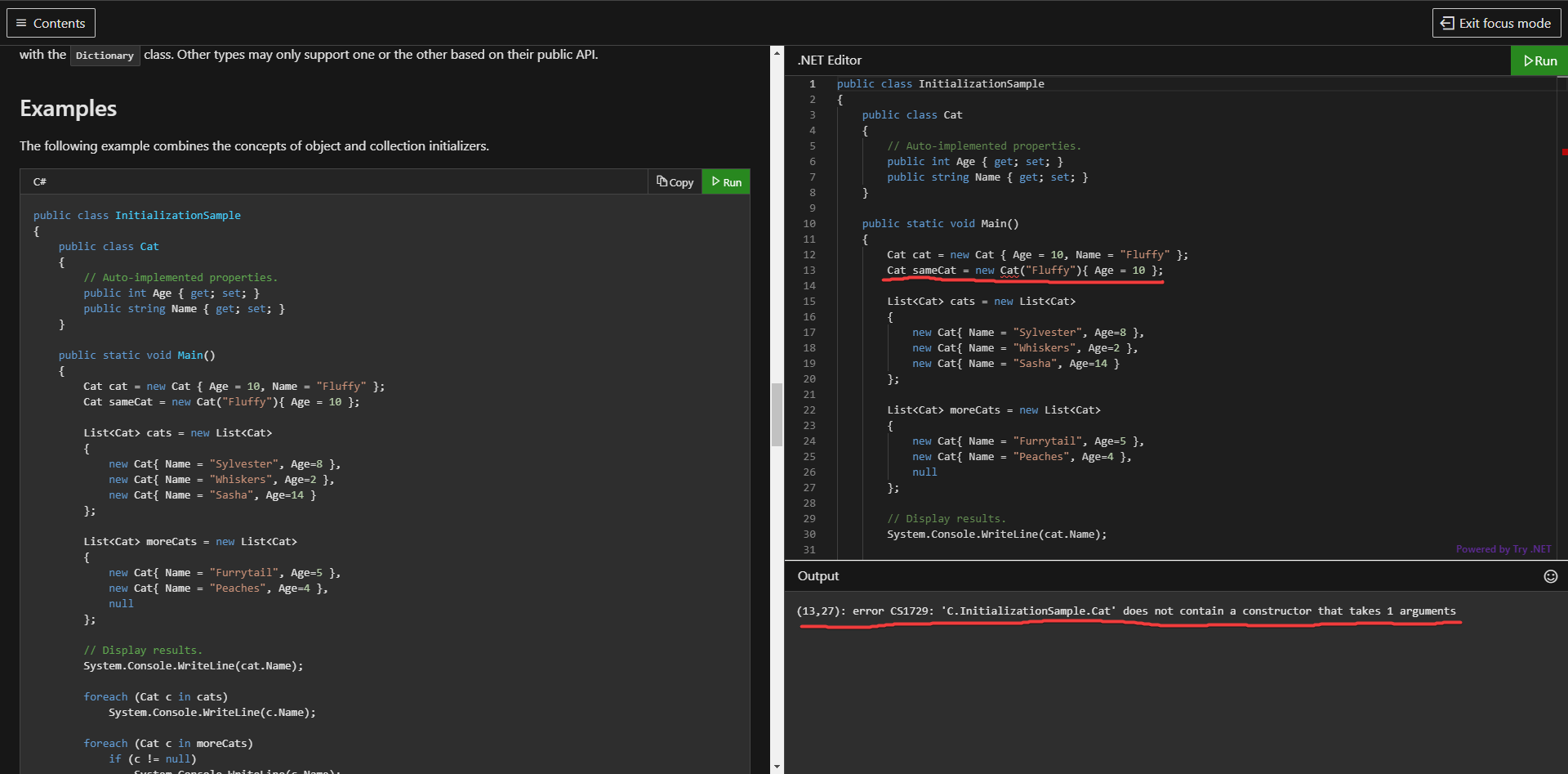 Running the InitializationSample code snippet on the "Object and Collection Initializers" page ...