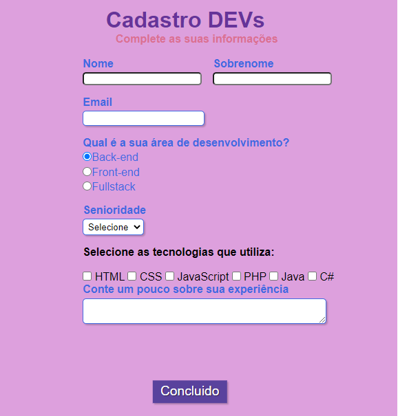 GitHub - JuliaBorges5/formulariodevs: Formulário DEV utilizando HTML e CSS
