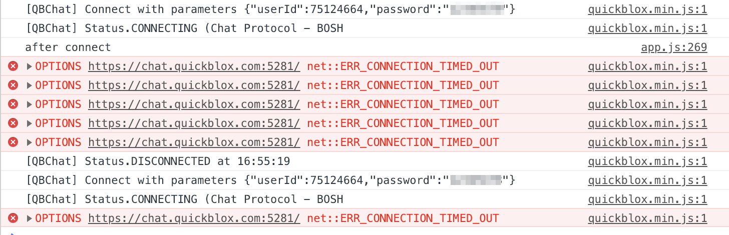 Facing problem with QB.chat.connect ( Log : ERR_CONNECTION_TIMED_OUT ) · Issue #365 · QuickBlox ...