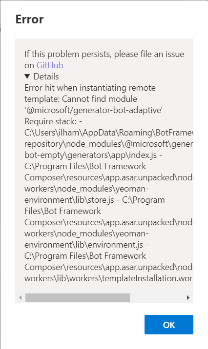 Cannot start new bot from template: Cannot find module @microsoft/generator-bot-adaptive · Issue ...