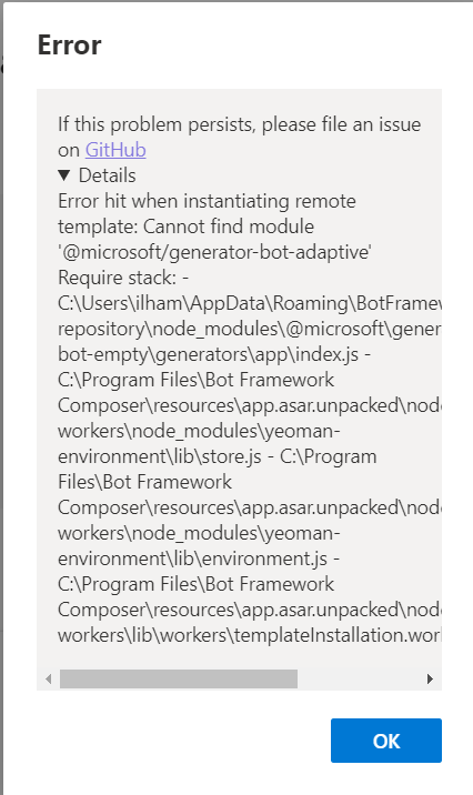 Cannot start new bot from template: Cannot find module @microsoft/generator-bot-adaptive · Issue ...