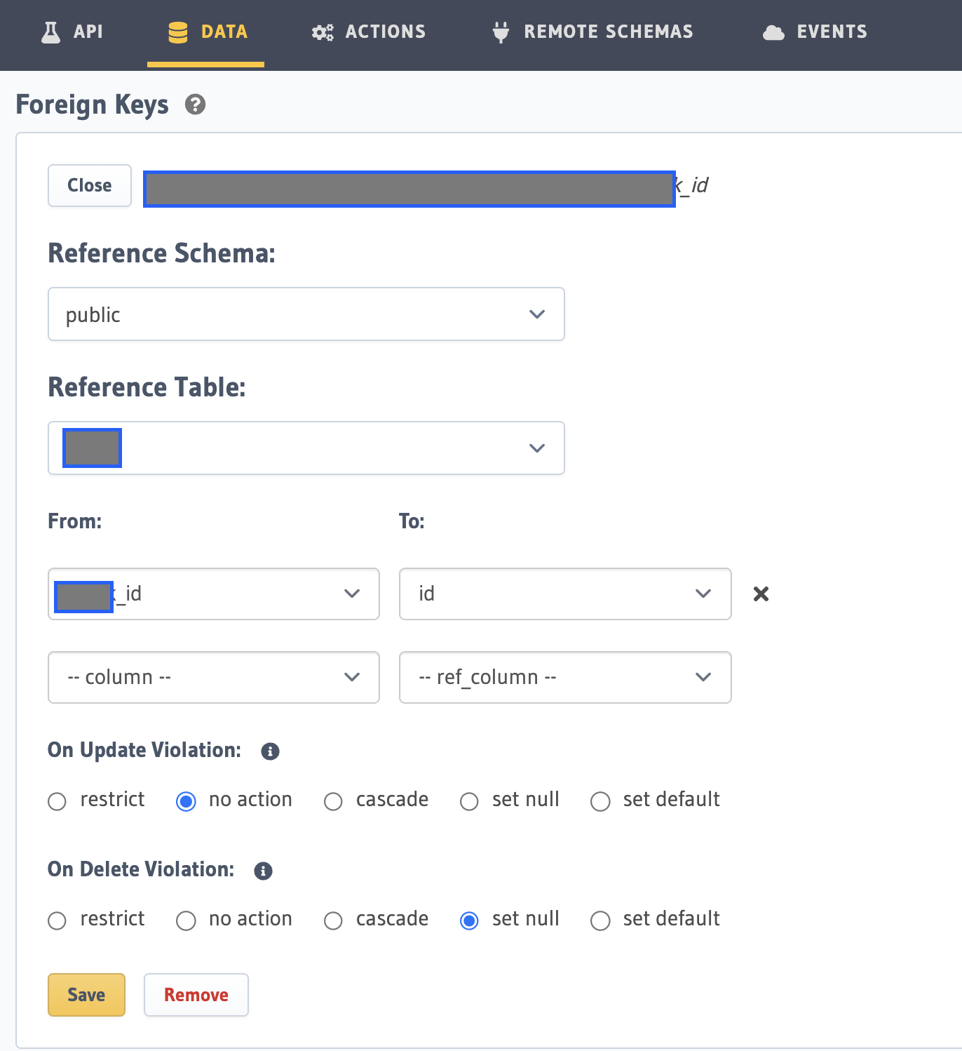 Foreign key update/delete violation are neither tracked in metadata nor picked up from the ...