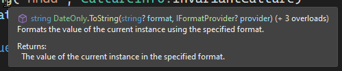 VS shows Object.ToString() docs instead of the docs present on DateOnly.ToString() · Issue ...