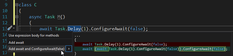 'Add await' is offered inappropriately · Issue #31754 · dotnet/roslyn · GitHub