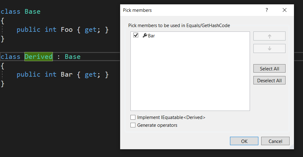 Generate Equals/GetHashCode dialog does not permit selection of inherited properties · Issue ...
