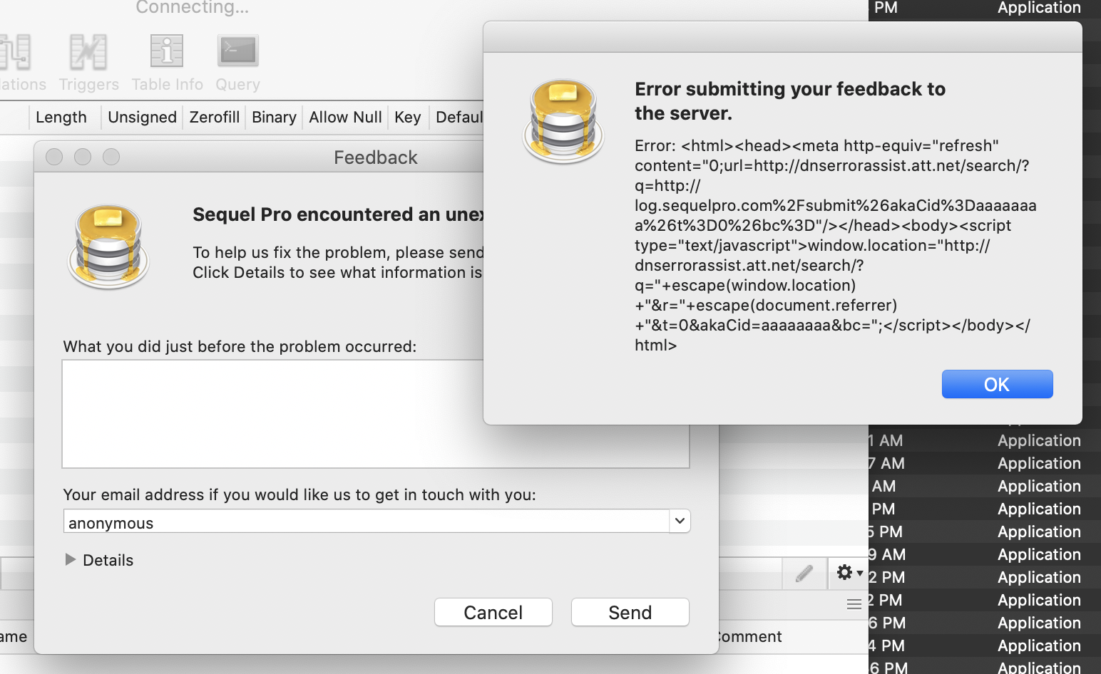 Unexpected error when attempting to connect to a local database, followed by error when trying ...