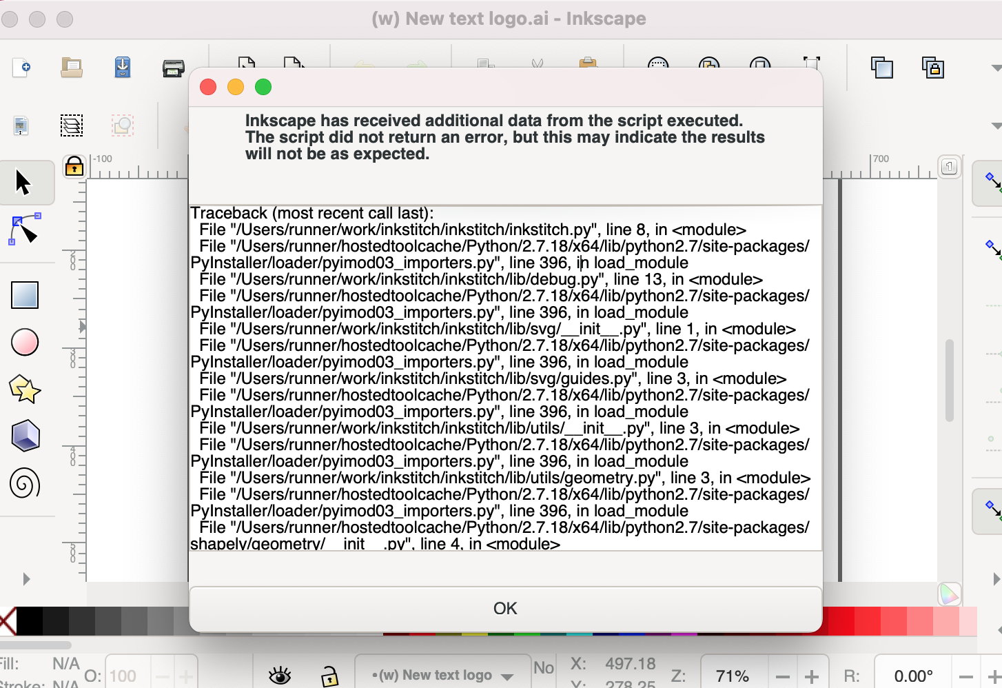 Inkstitch Extension not working - "Inkscape has received additional ...