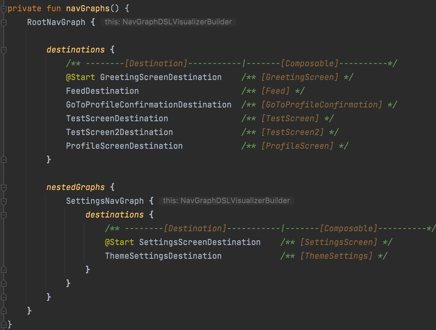 Navigation graphs information in one place with links to screen Composables and generated ...