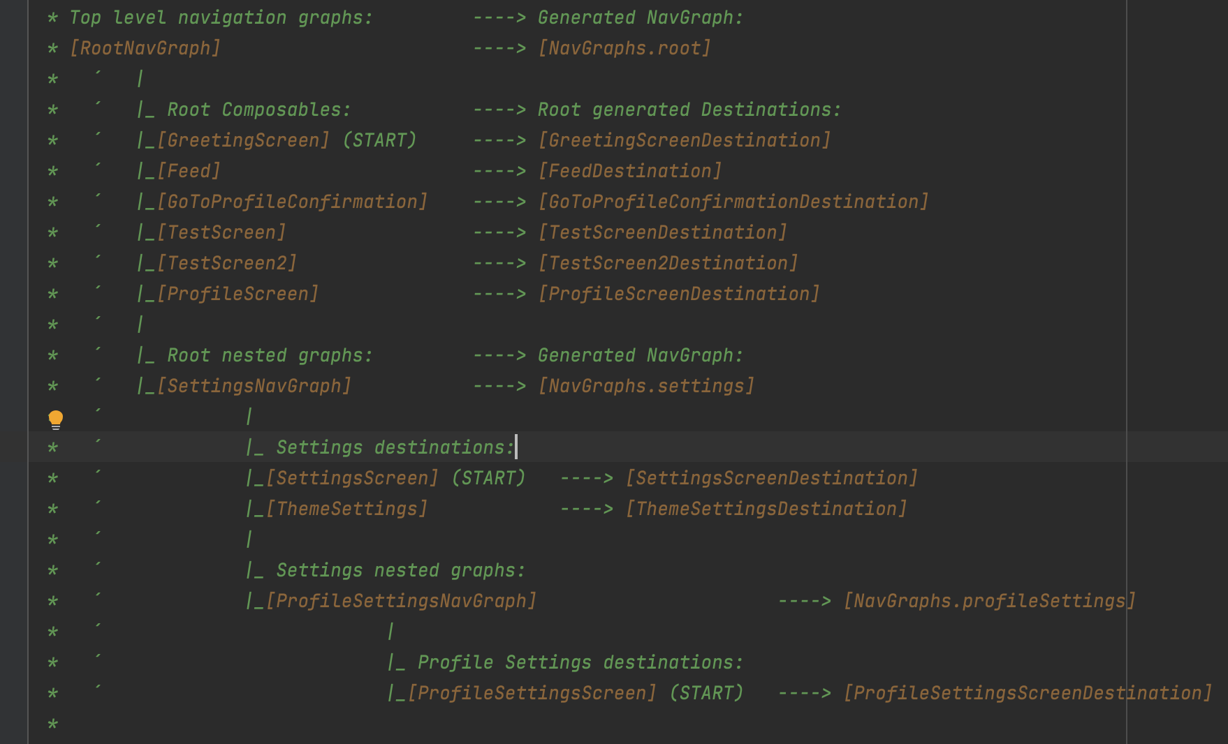Navigation graphs information in one place with links to screen Composables and generated ...