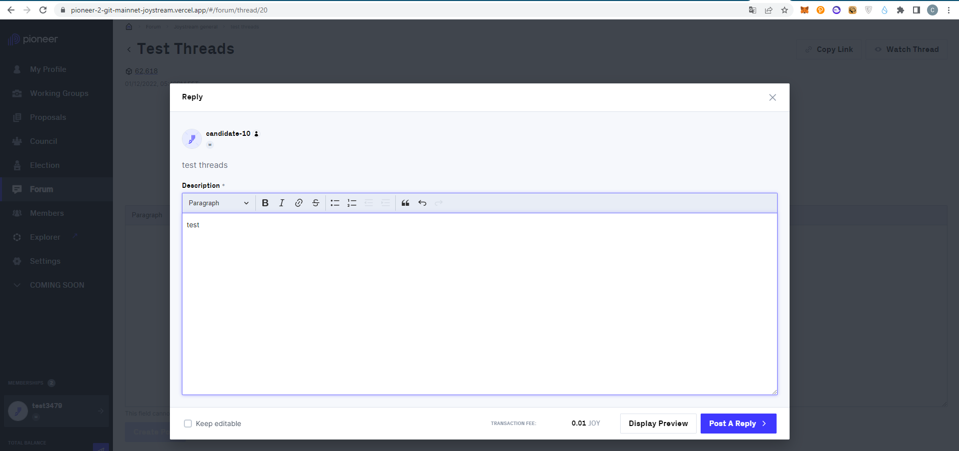 Forum: Reply to thread in a modal · Issue #3163 · Joystream/pioneer · GitHub