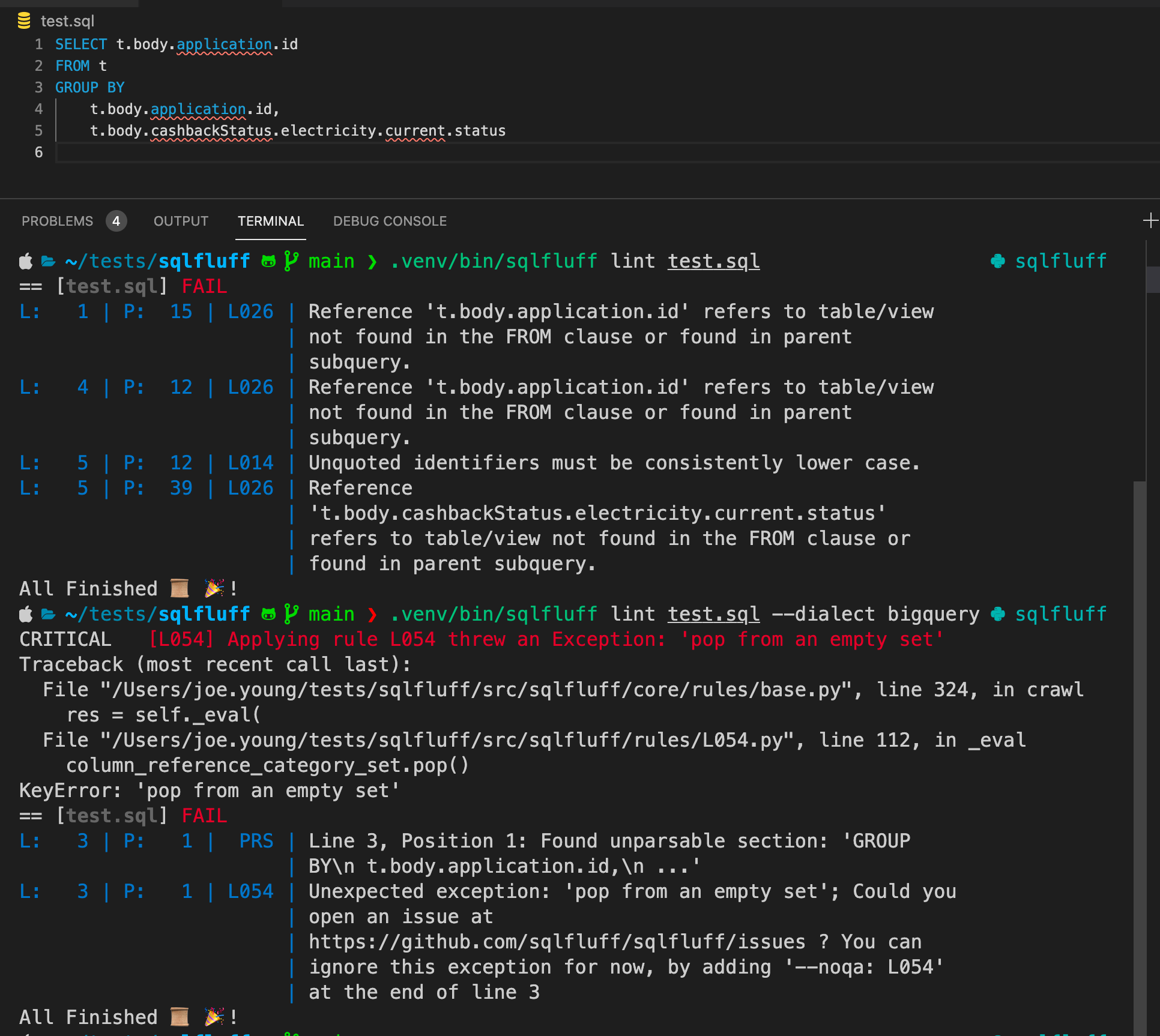 Error: "pop from an empty set" · Issue #1981 · sqlfluff/sqlfluff · GitHub